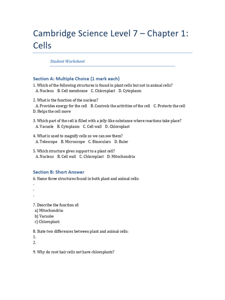 Cambridge Lower Secondary Science Level 7 Chapter 1 Questions | PDF