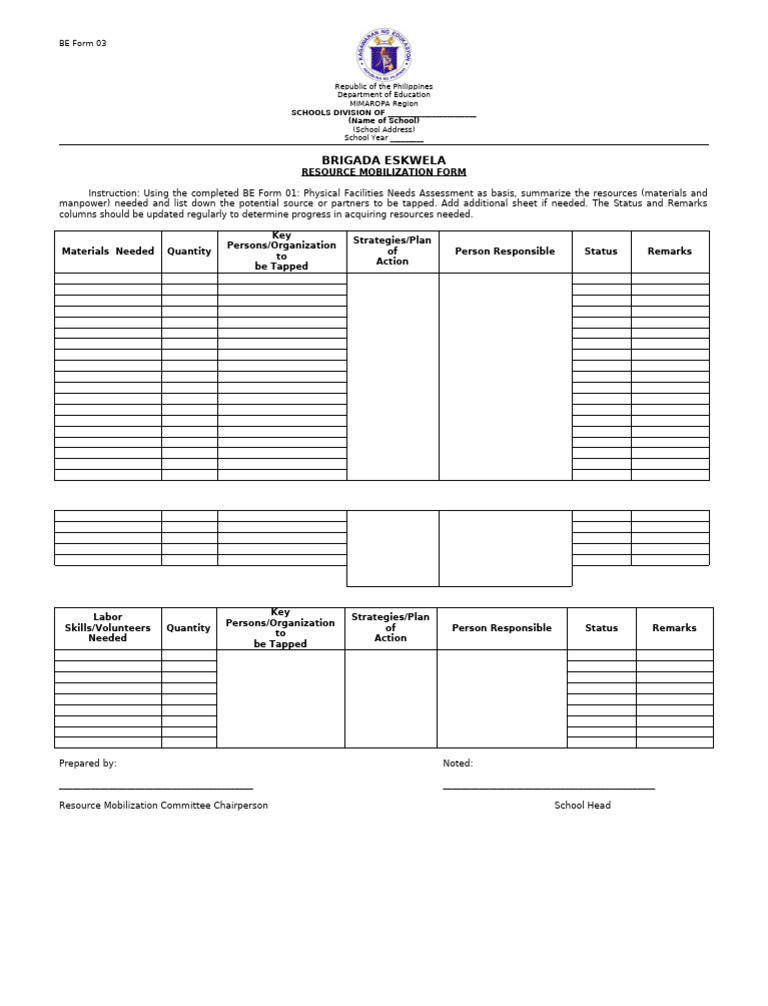 BE Form 3 RESOURCE MOBILIZATION FORM | PDF