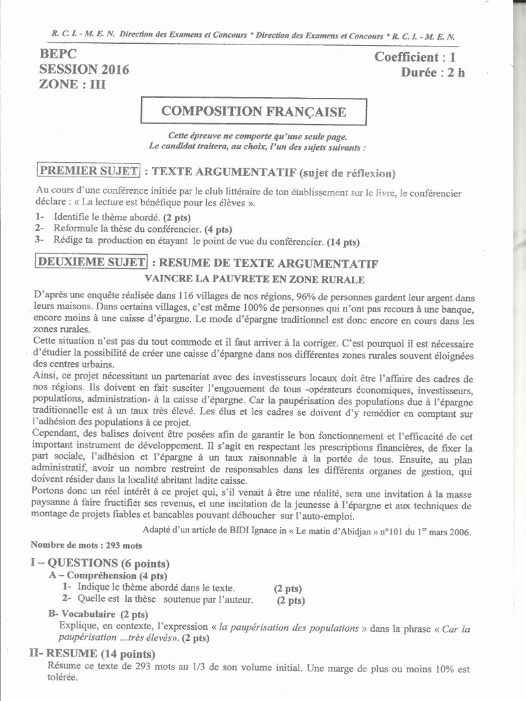 RCI BEPC 2016 Zone3 Composition Francaise | PDF