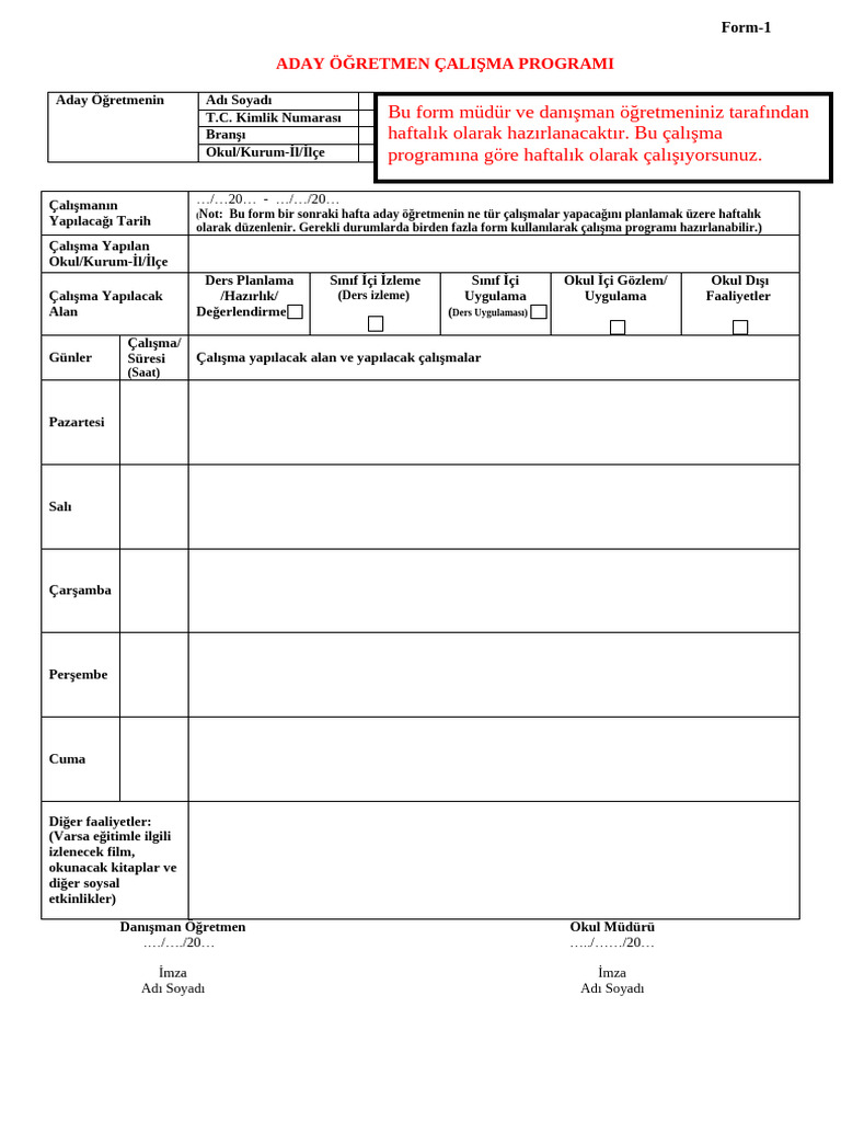 Form 1 Aday Ogretmen Calisma | PDF