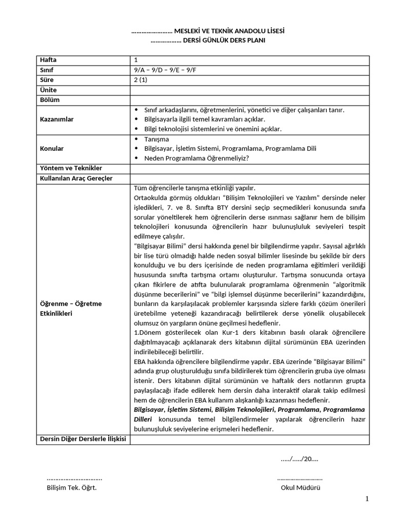 Gunluk Ders Plani Orn2 | PDF