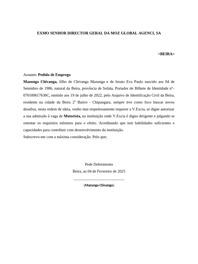 Pedido de Emprego na MOZ Global | PDF