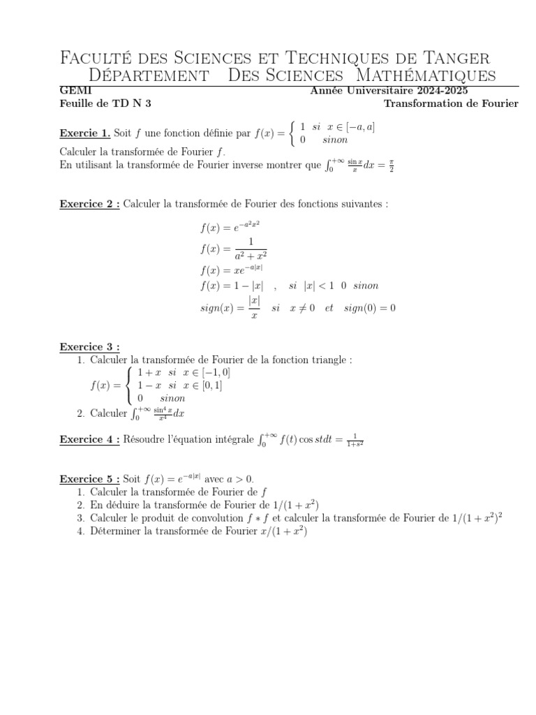 Transformée de Fourier : Exercices et Solutions | PDF