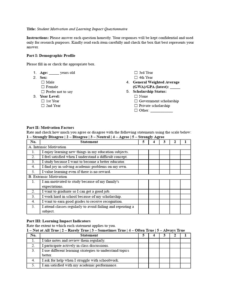 Student Motivation and Learning Impact Questionnaire | PDF | Motivation ...