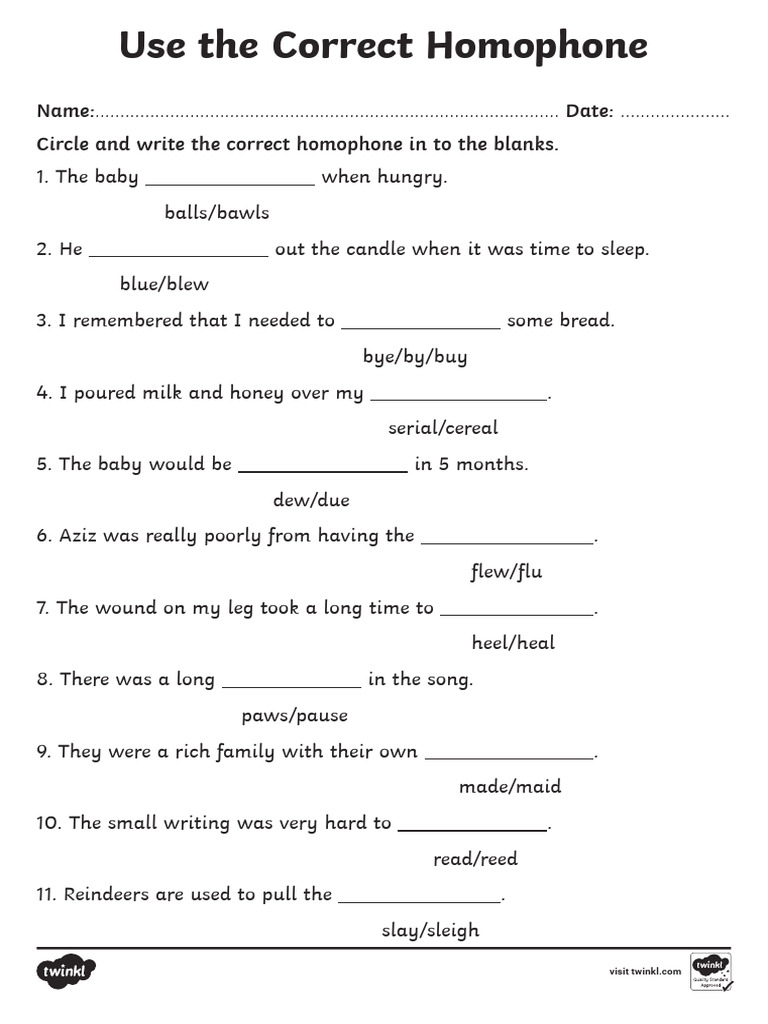 Homophone Practice Worksheet | PDF