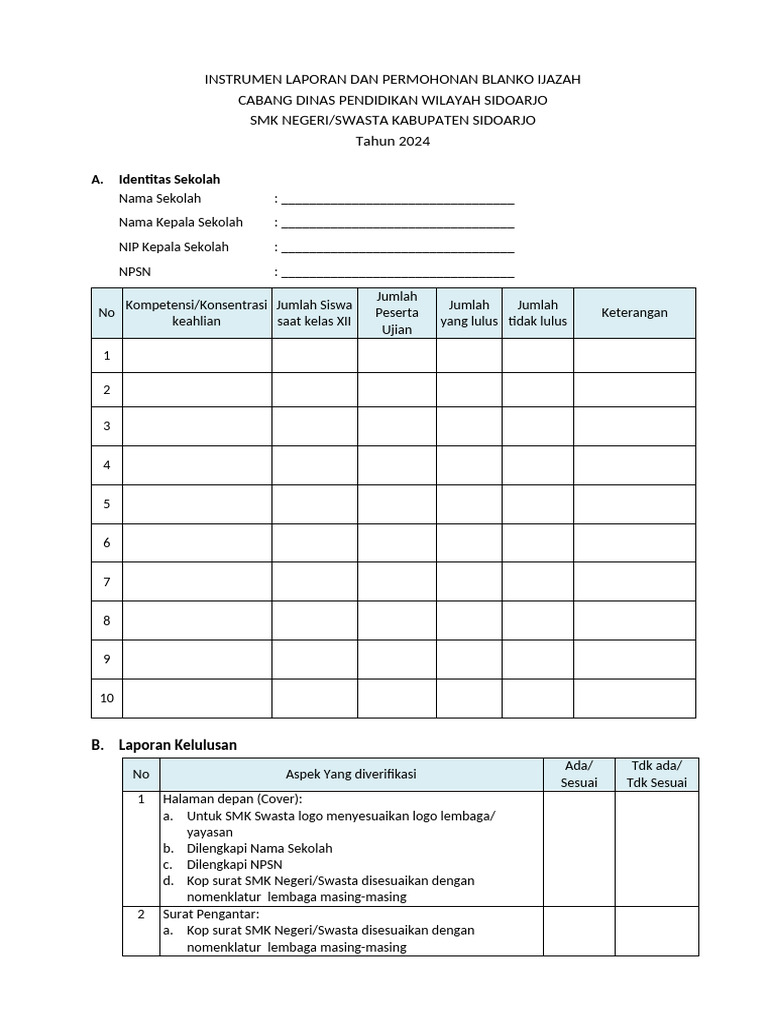 Instrumen Verifikasi Laporan Kelulusan Tahun Pelajaran 2024 - 2025 | PDF