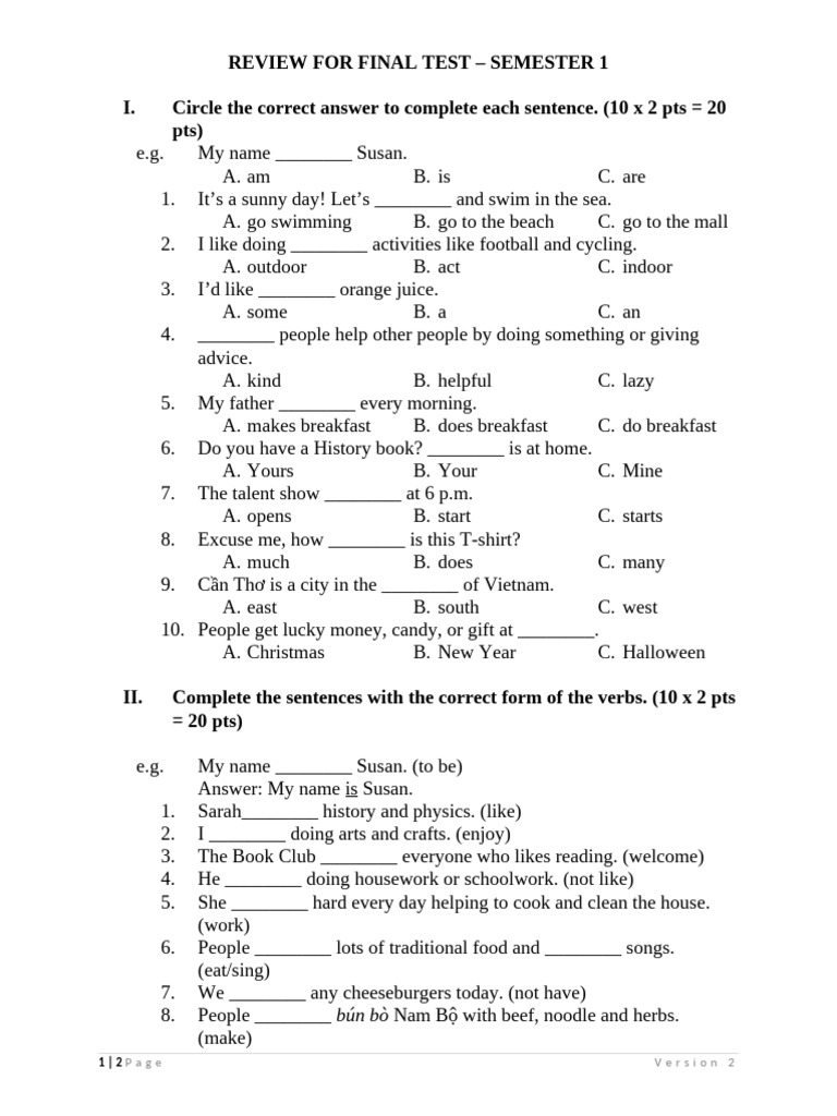 Test Paper - V2 - Review For Final Test - Semester 1 | PDF