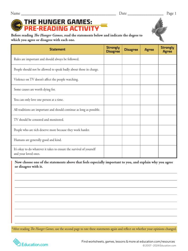 Hunger Games Pre-Reading Reflection Activity | PDF