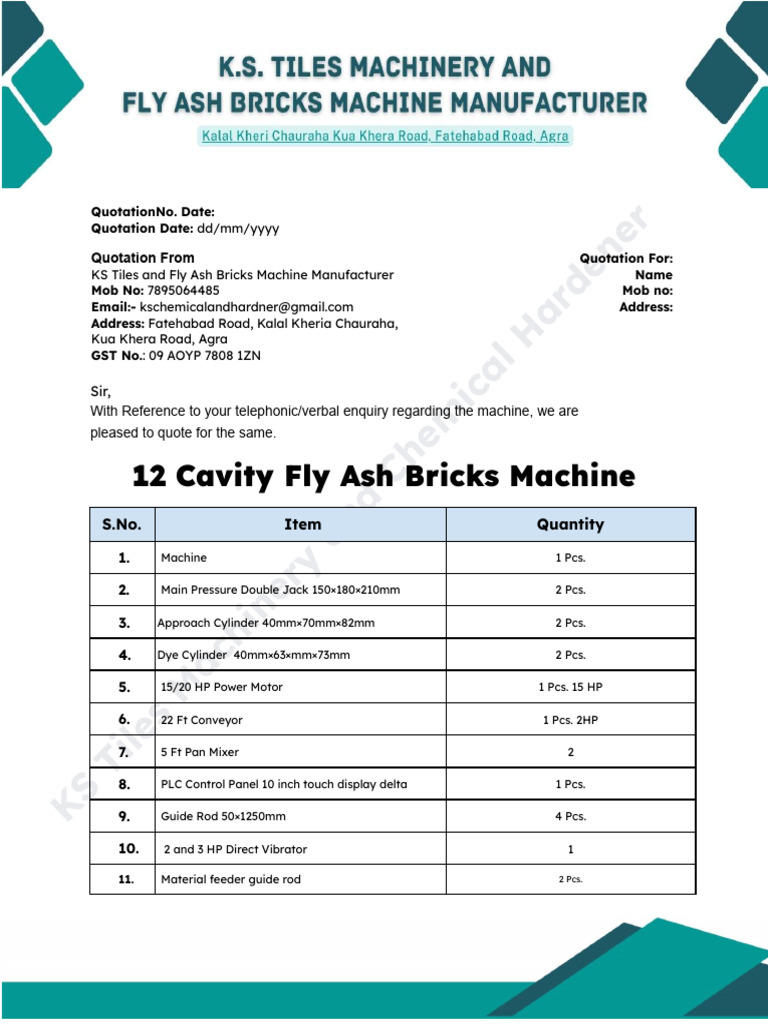 KS12 Cavity Fly Ash Bricks Machine Quotation | PDF | Pump | Mechanical ...
