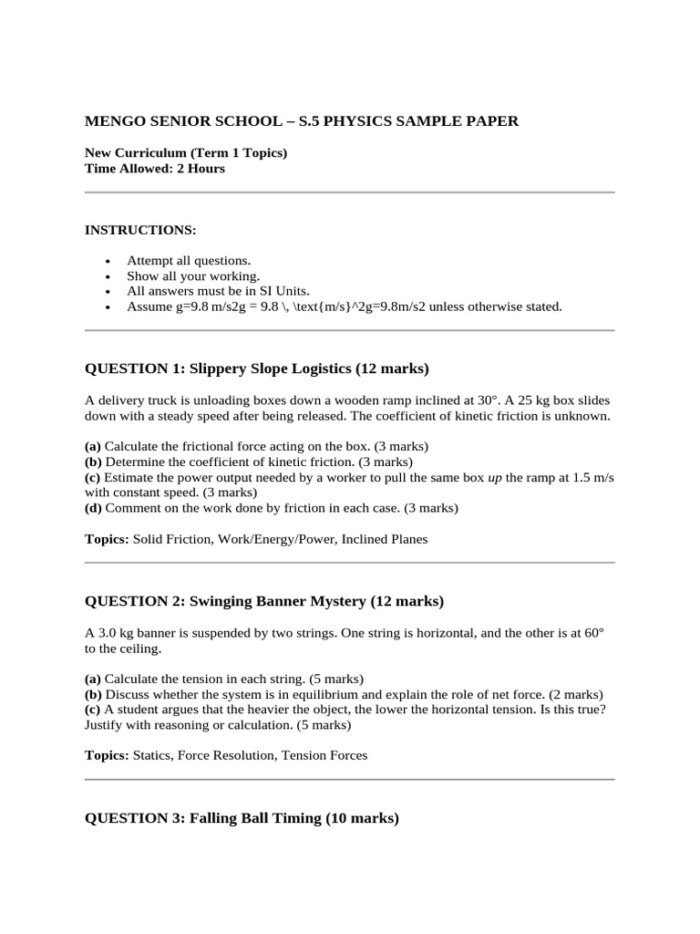 Physics Papers Sample 2 | PDF | Force | Friction