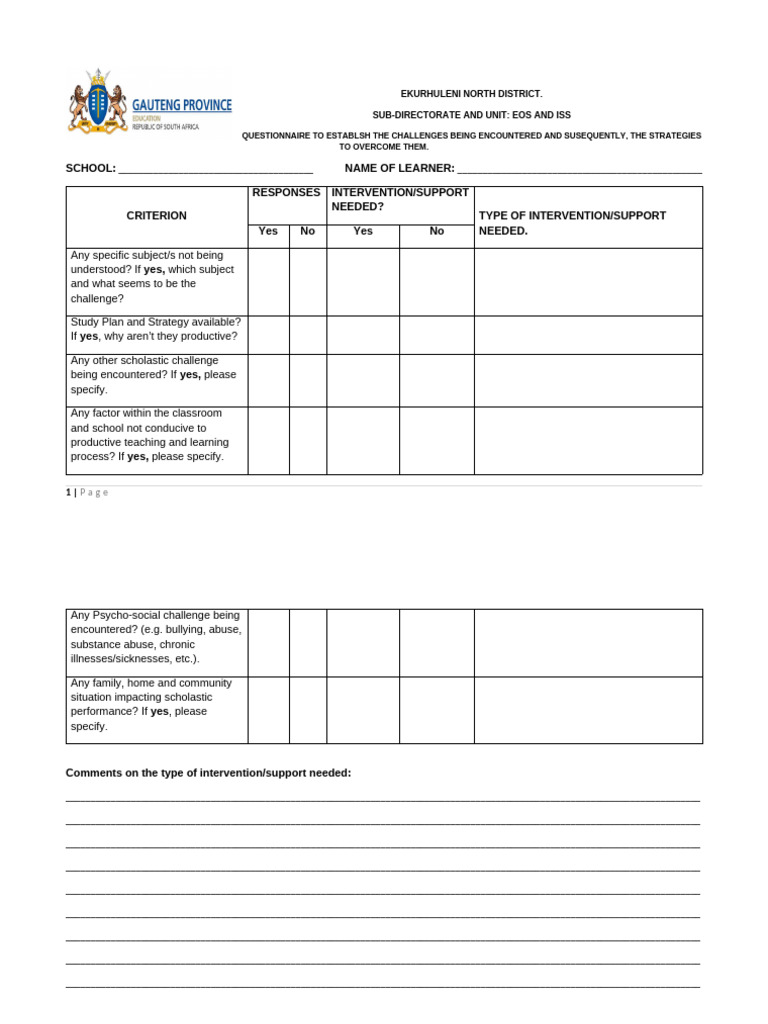 Screening Tool For Grade 12 Learners (Iss Unit) | PDF | Learning ...