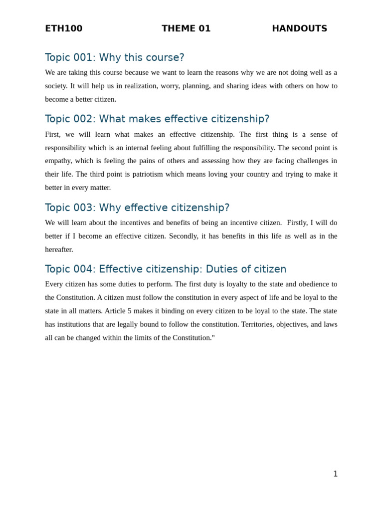 Handouts Theme 1 (ETH100) | PDF