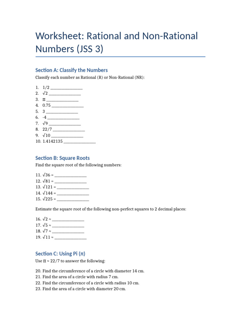 Printable_Worksheet_Rational_and_Non_Rational_Numbers_JSS3 | PDF