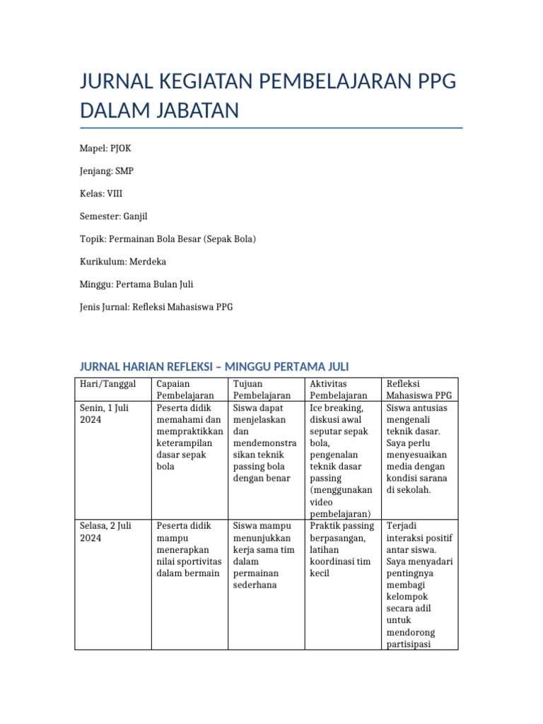 Jurnal PPG PJOK SMP Kelas8 Minggu1 Juli | PDF