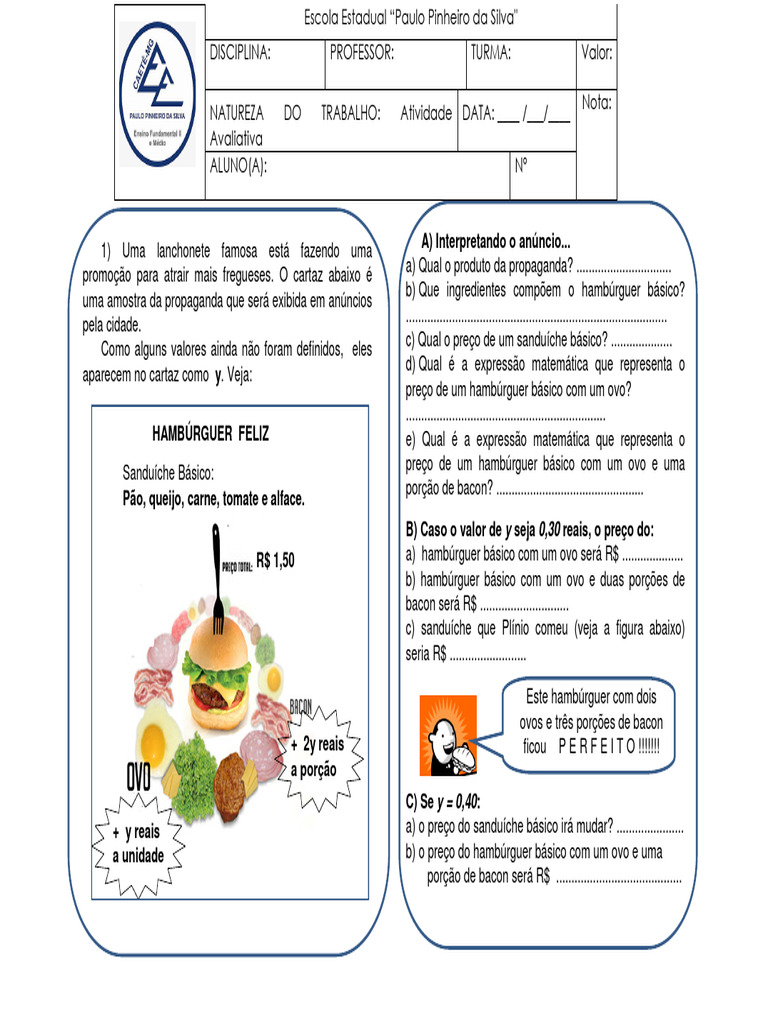 Atividade Expressoes Algebricas 702 | PDF | Hambúrgueres | Sanduíche