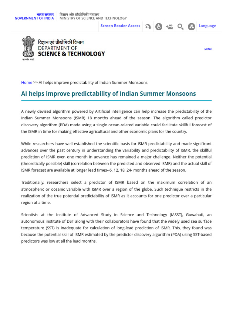 AI Helps Improve Predictability of Indian Summer Monsoons - Department of Science & Technology ...