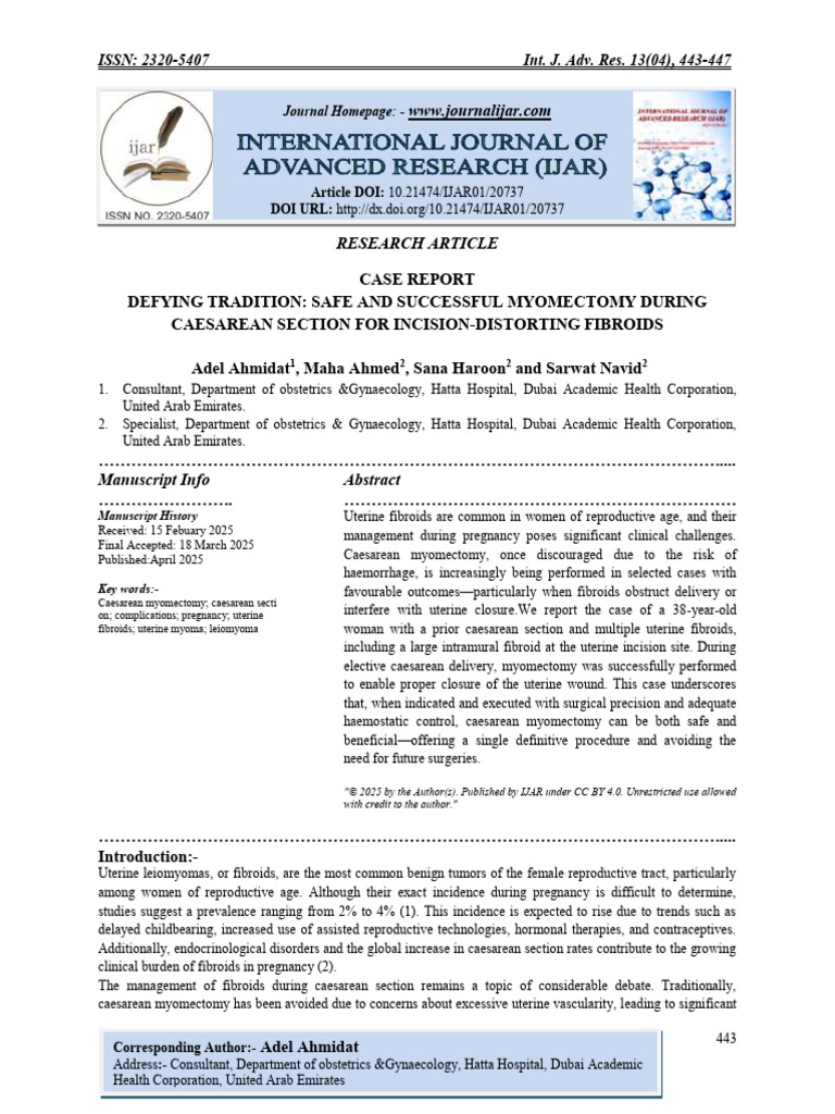 Defying Tradition: Safe and Successful Myomectomy During Caesarean ...