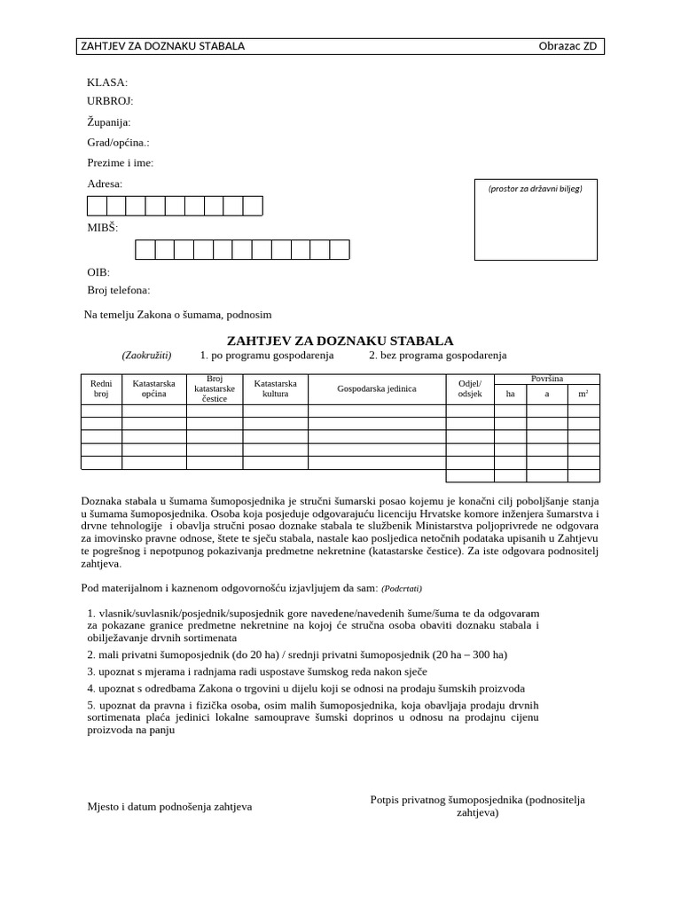 Zahtjev Za Doznaku Stabala | PDF
