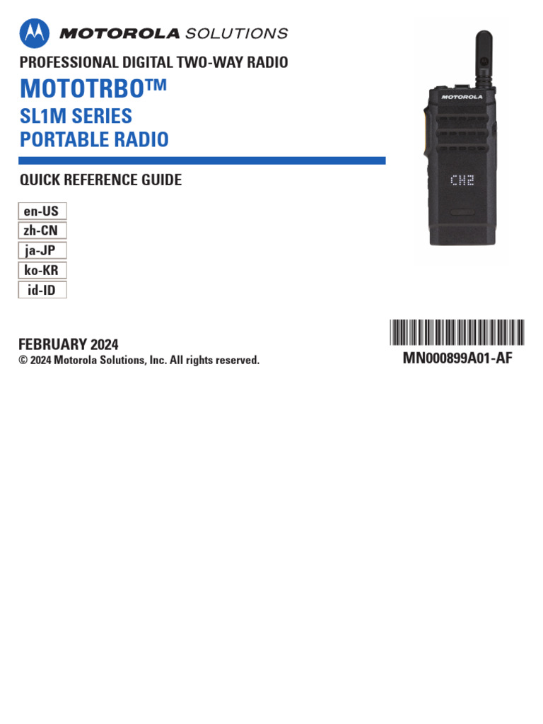 MN000899A01-AF Multilingual MOTOTRBO SL1M SERIES PORTABLE RADIO QUICK ...