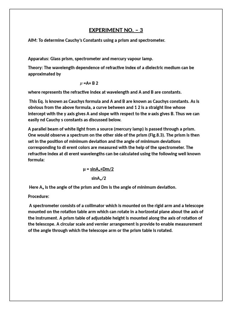 Cauchy Constants via Spectrometer Experiment | PDF | Refractive Index ...