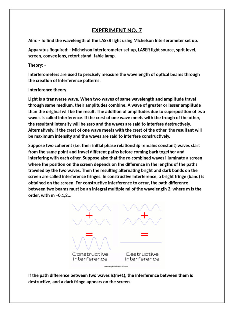 EXPERIMENT NO 7 Opt Michealson 1 | PDF | Interferometry | Electrodynamics