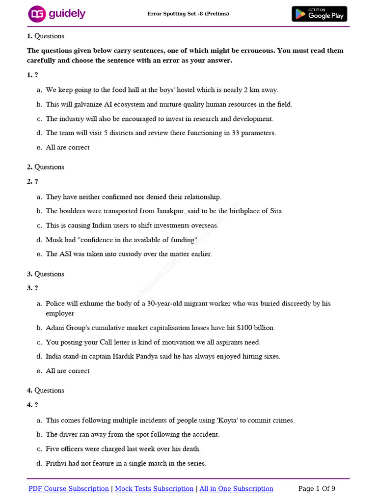 Error Spotting Set-8 (Prelims) | PDF | Linguistics | Syntax