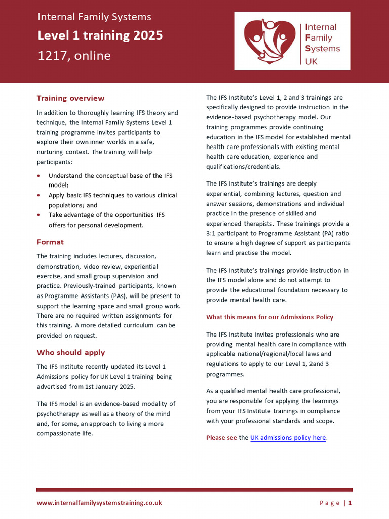 IFS Level 1 Training Online 2025 | PDF | Psychotherapy | Health Care