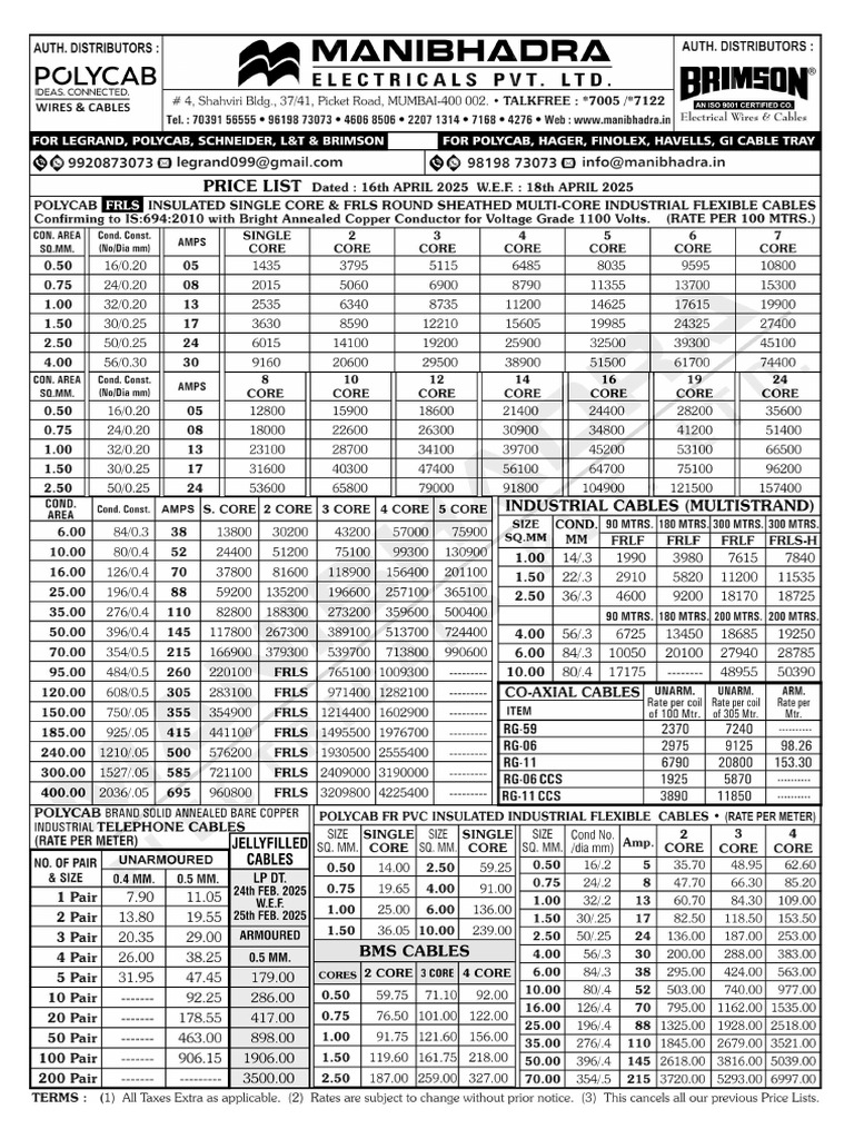 POLYCAB FLX CABLES Price-List 16th APRIL 2025 FINAL | PDF