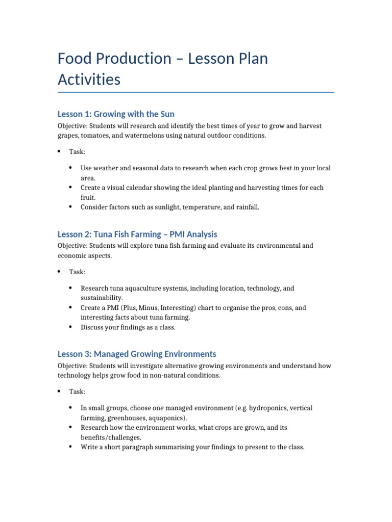 Food_Production_Lesson_Plan | PDF