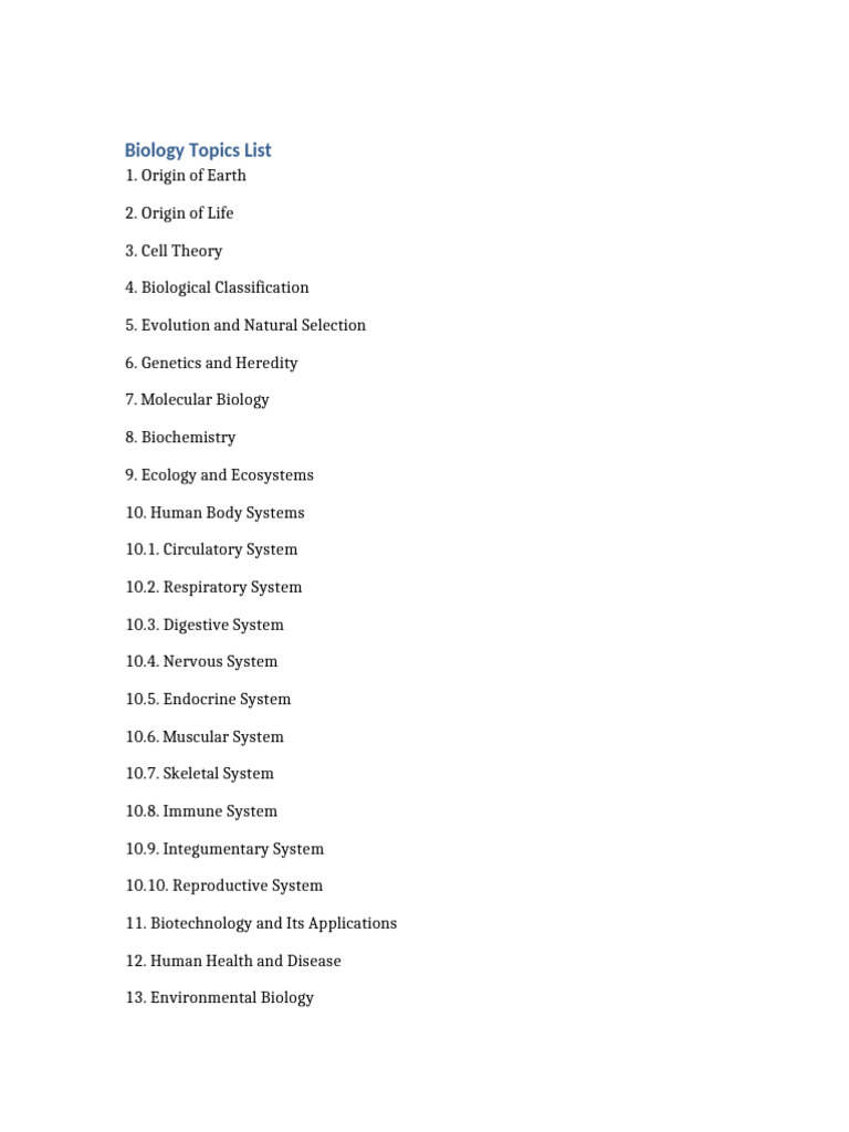 Comprehensive Biology Topics List | PDF
