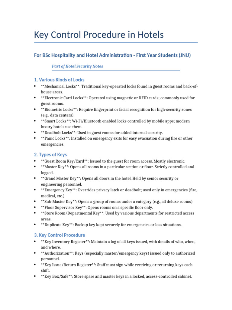 Key Control Procedures for Hotels | PDF