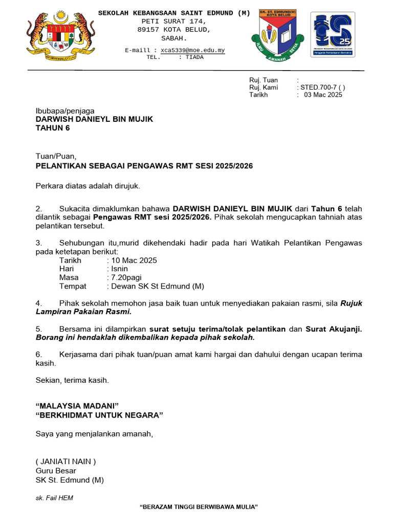 Surat Makluman Pelantikan RMT 2025 | PDF