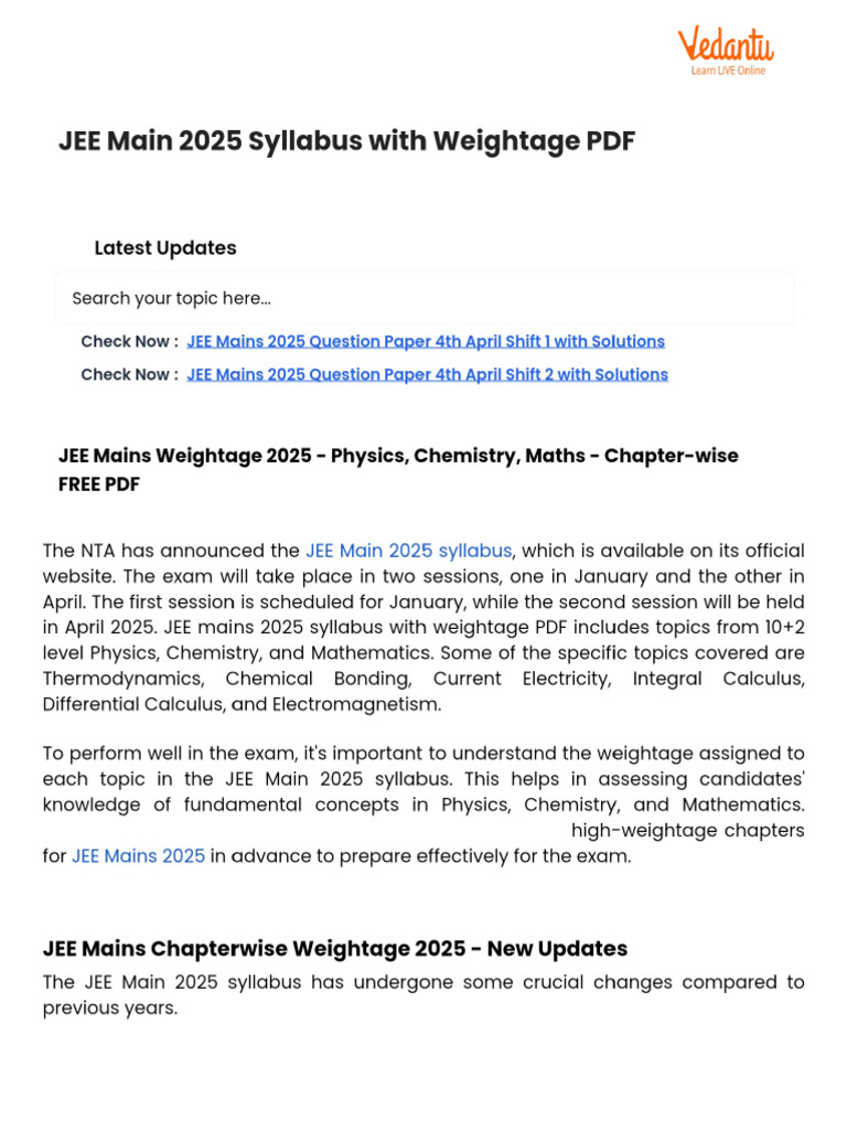 JEE Main 2025 Syllabus With Weightage PDF | PDF