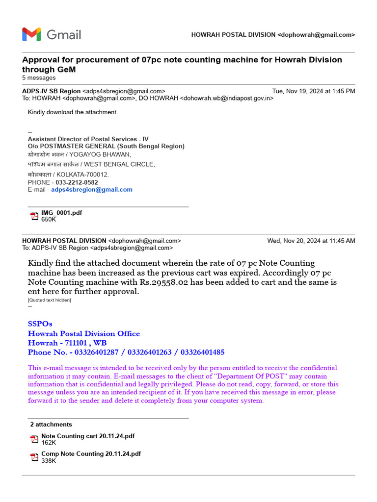 Gmail - Approval For Procurement of 07pc Note Counting Machine For Howrah Division Through GeM ...