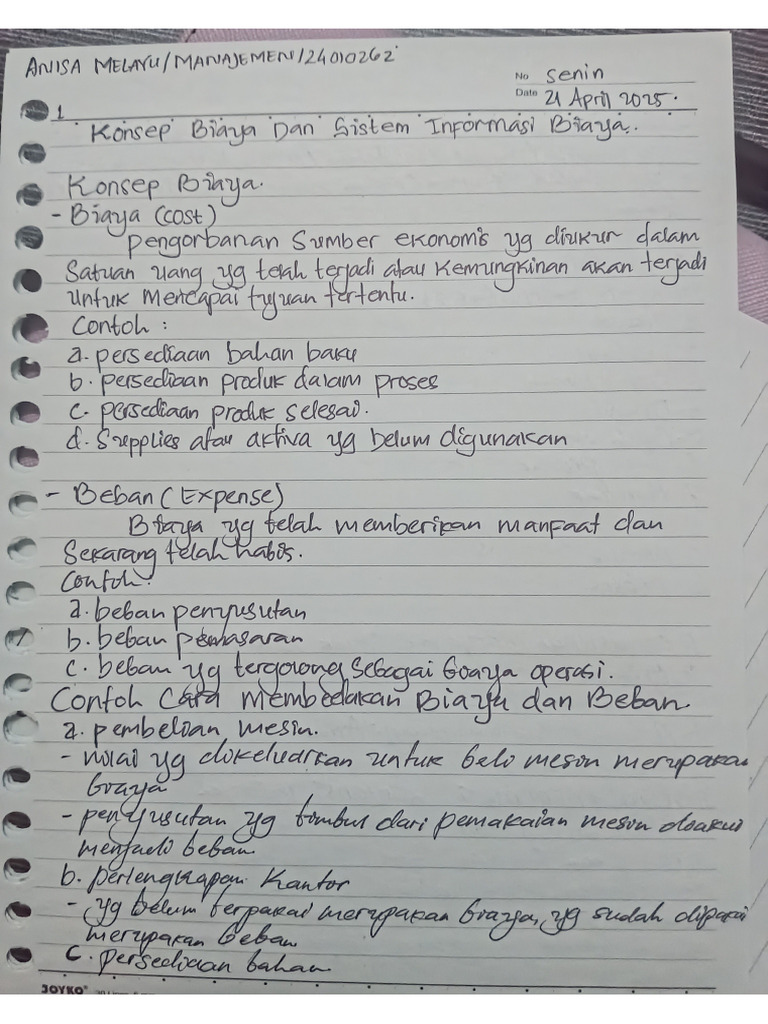 Catatan Manajemen Biaya 1 (II) Anisa Melayu, 24010262 | PDF