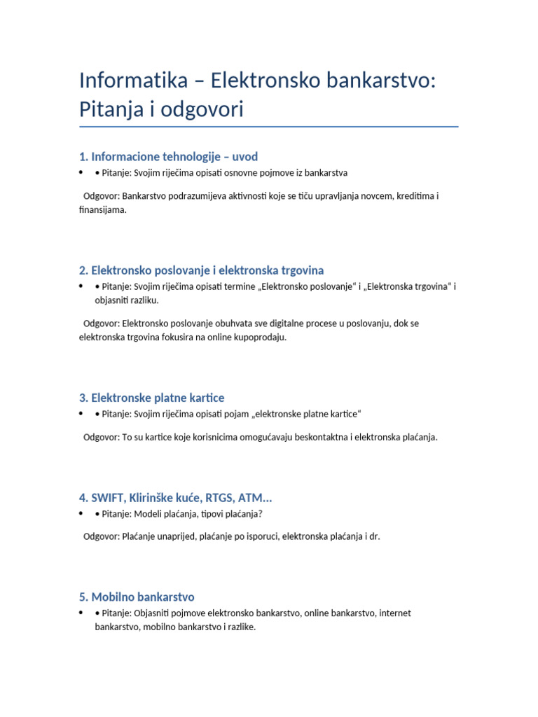 Elektronsko Bankarstvo Odgovori | PDF