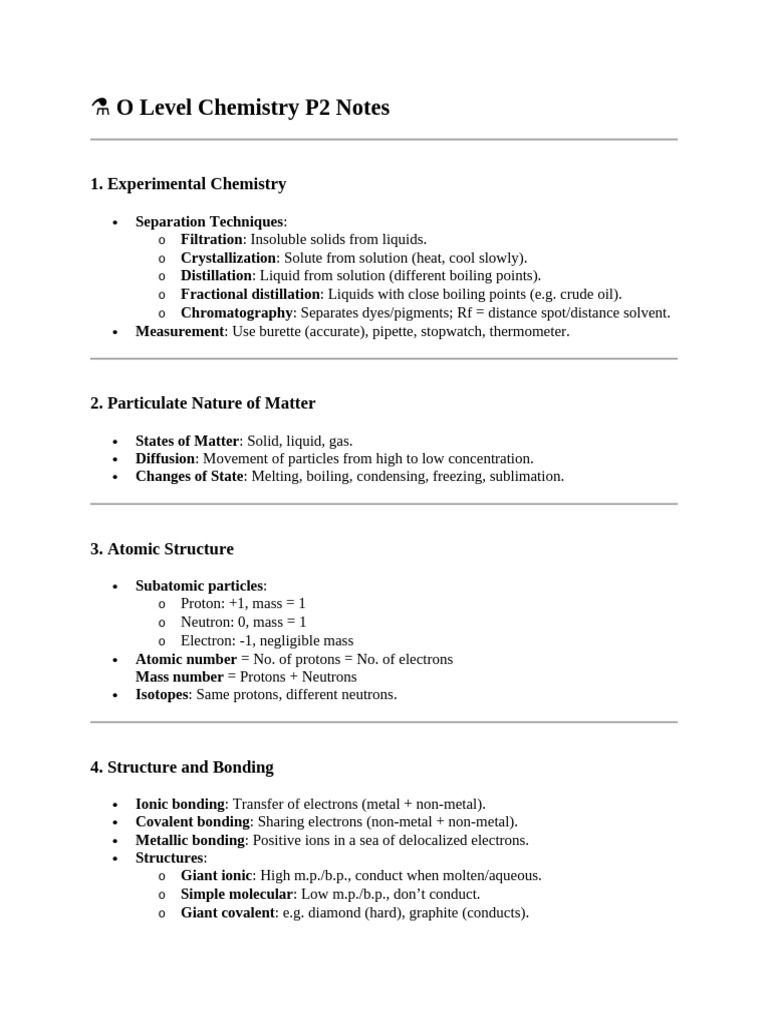 O Level Chemistry P2 Notes | PDF | Alkene | Salt (Chemistry)