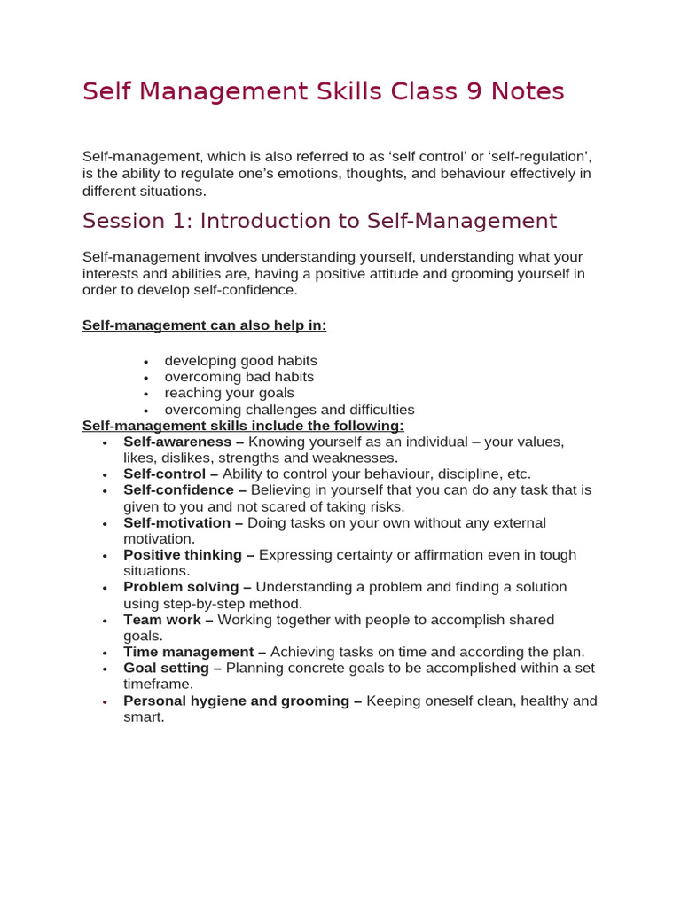 Self Management Skills for Class 9 | PDF | Goal | Cognition