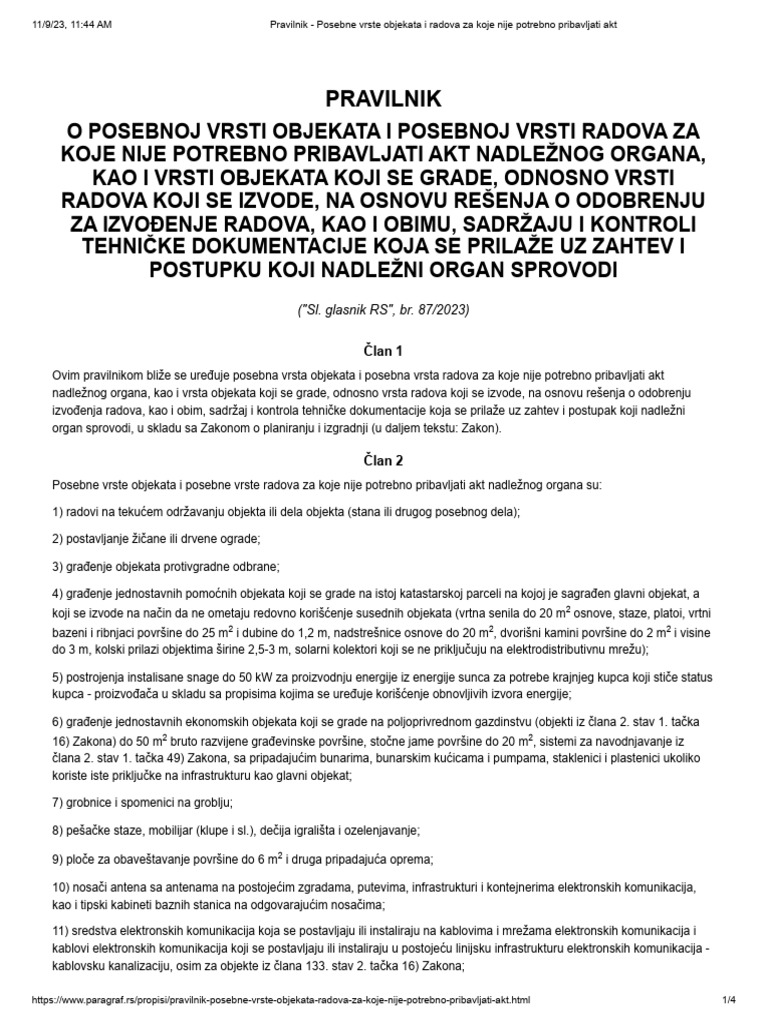 Pravilnik Posebne Vrste Objekata I Radova Za Koje Nije Potrebno | PDF