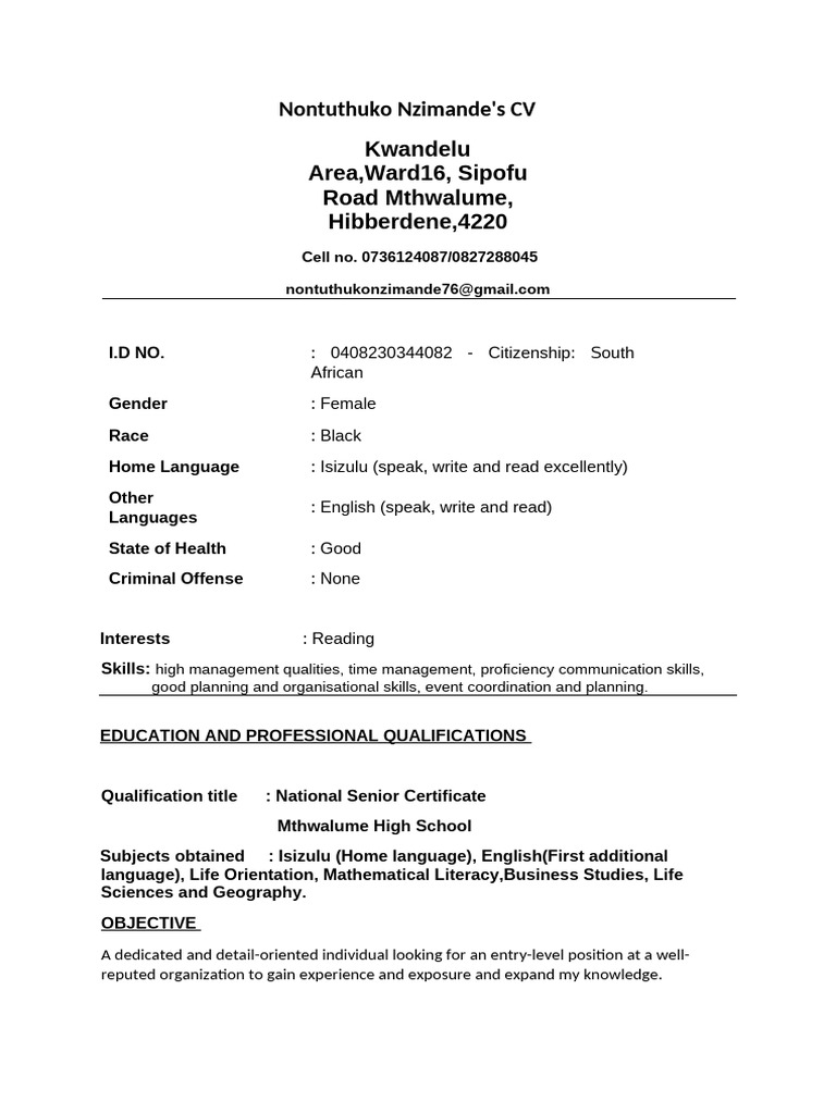 Mthwalume CV | PDF