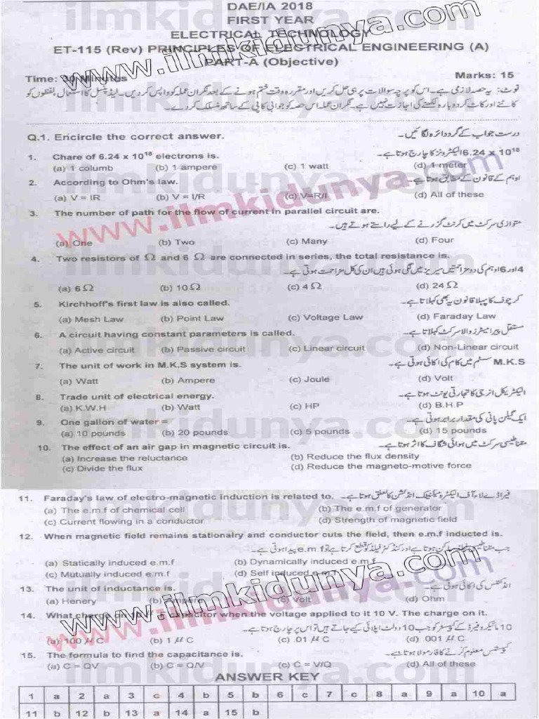 DAE IA 2018 Past Papers Electrical 1st Year Principles of Electrical Engineering Paper A Part A ...