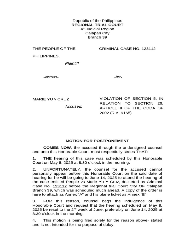 FORM NO. 47 MOTION FOR POSTPONEMENT | PDF | Separation Of Powers | Criminal Law