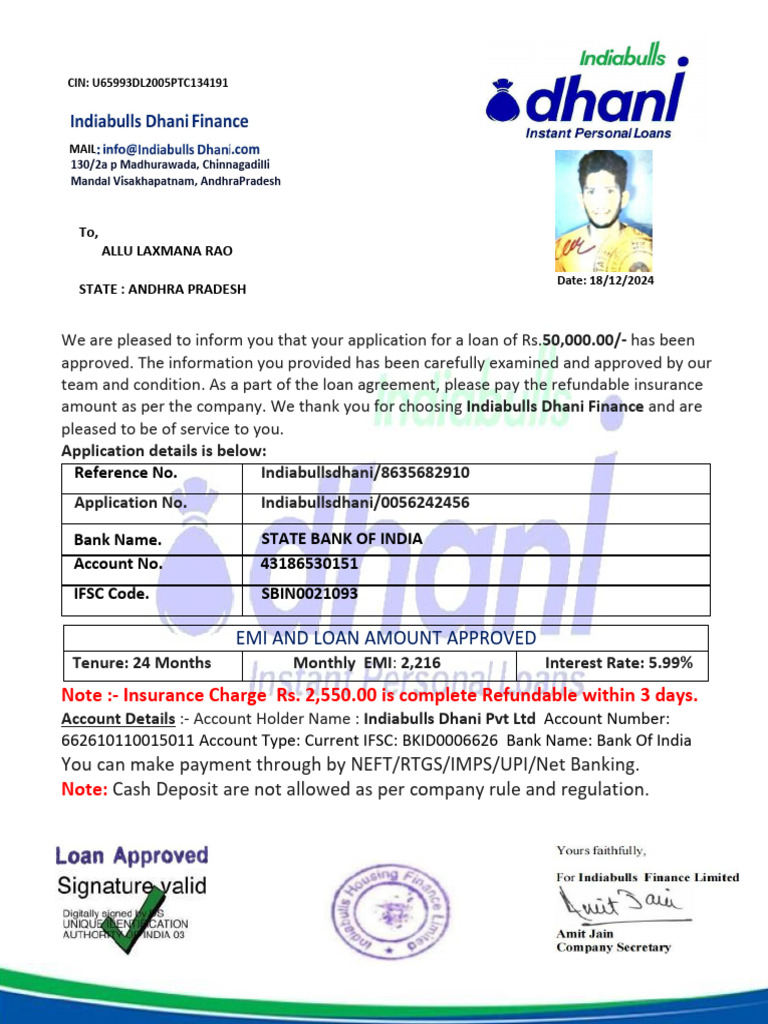 Allu Laxmana Rao Approvel Letter | PDF | Banks | Insurance