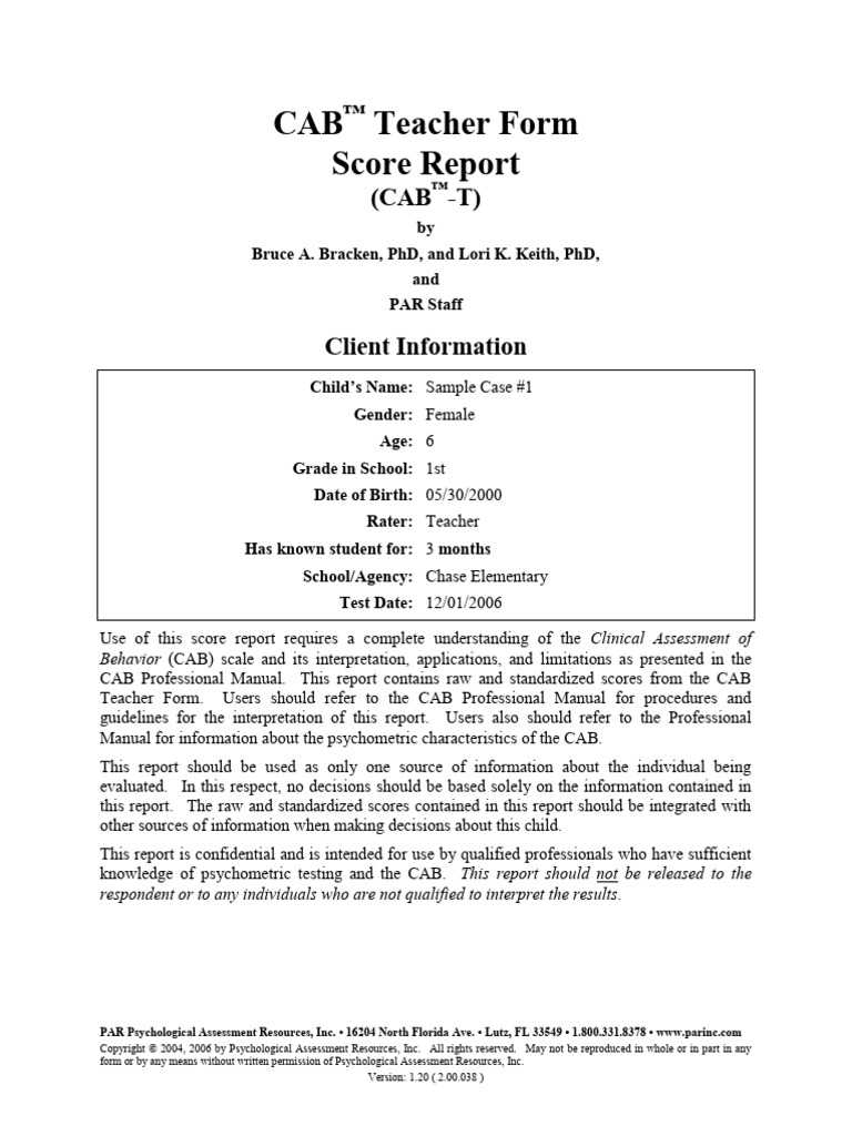 CAB Score Report Teacher Rating Sample 1 | PDF | Psychological Testing ...