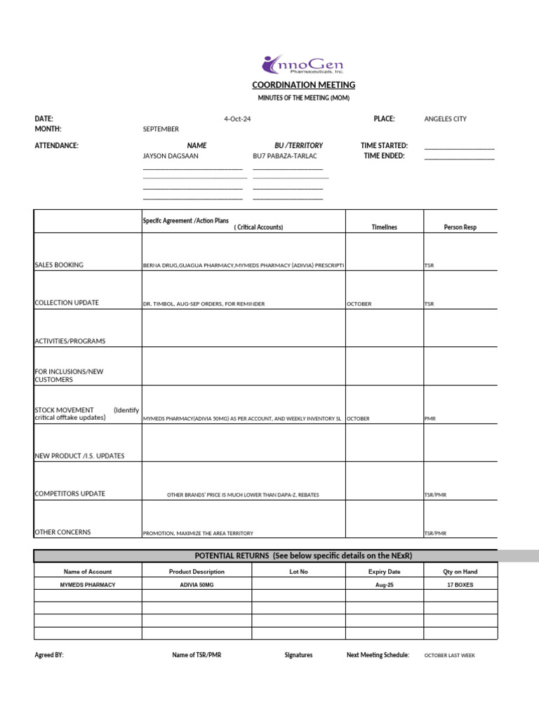 Coordination Meeting Report FORM | PDF | Marketing