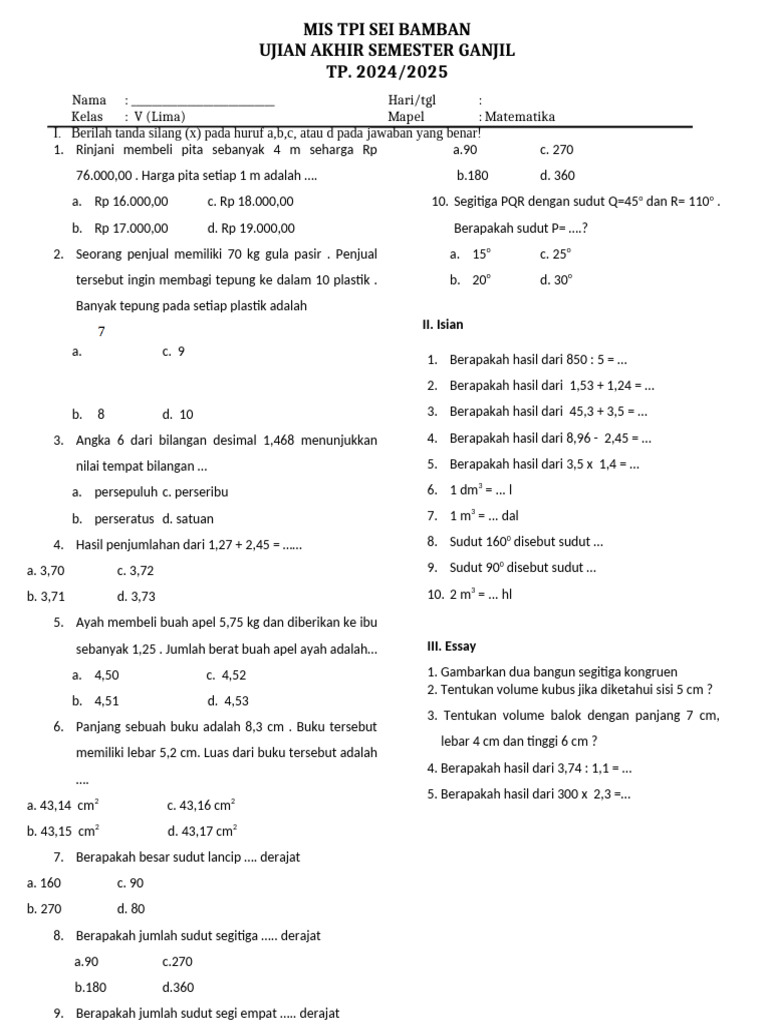 SO'AL MTK KLS 5 SEM I | PDF