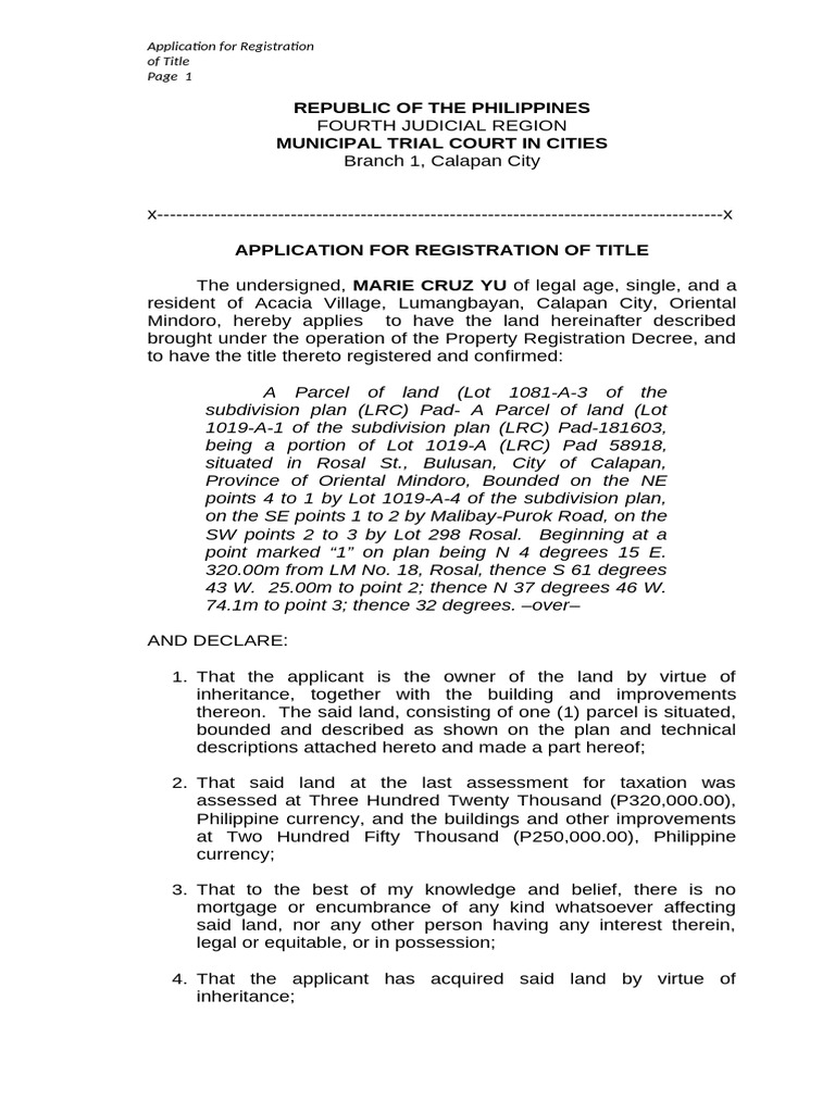 Application for Land Title Registration | PDF
