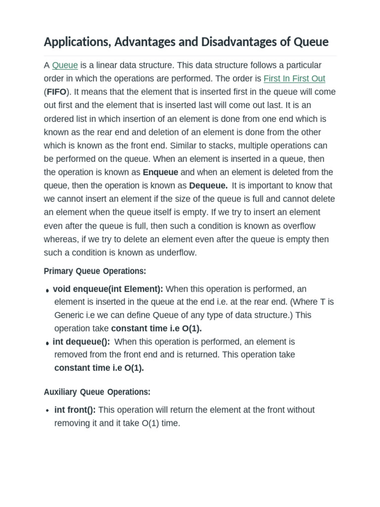 Applications, Advantages and Disadvantages of Queue | PDF | Queue (Abstract Data Type) | Computing