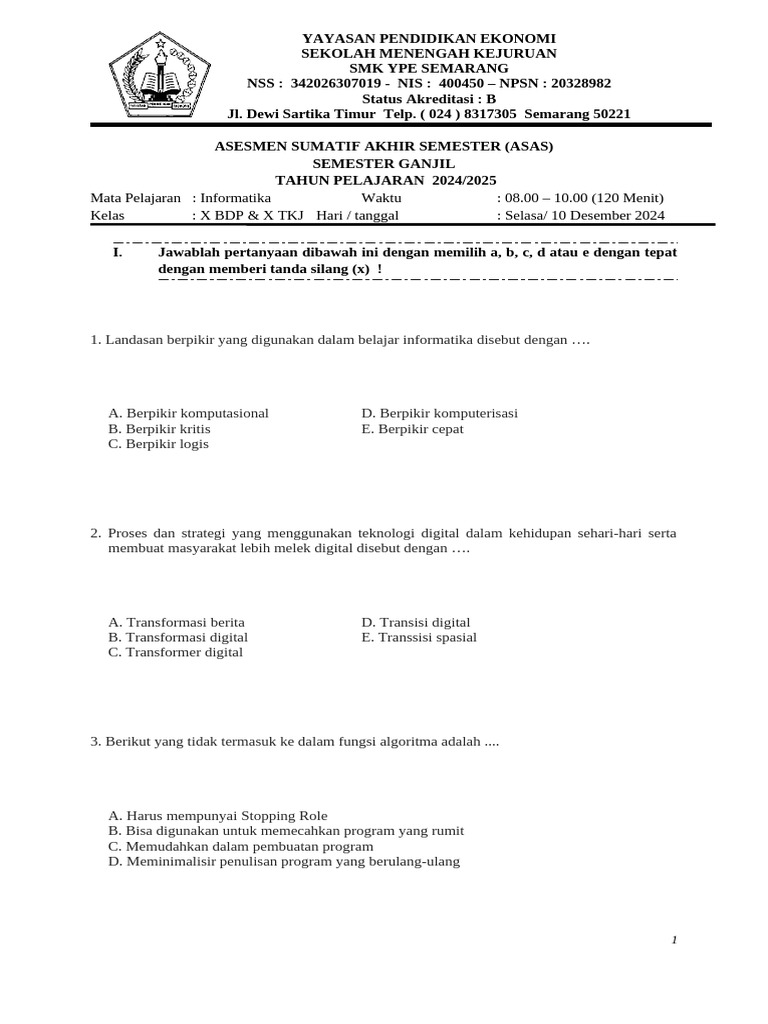 Soal - ASAS - Gasal - Informatika Kelas 10 | PDF