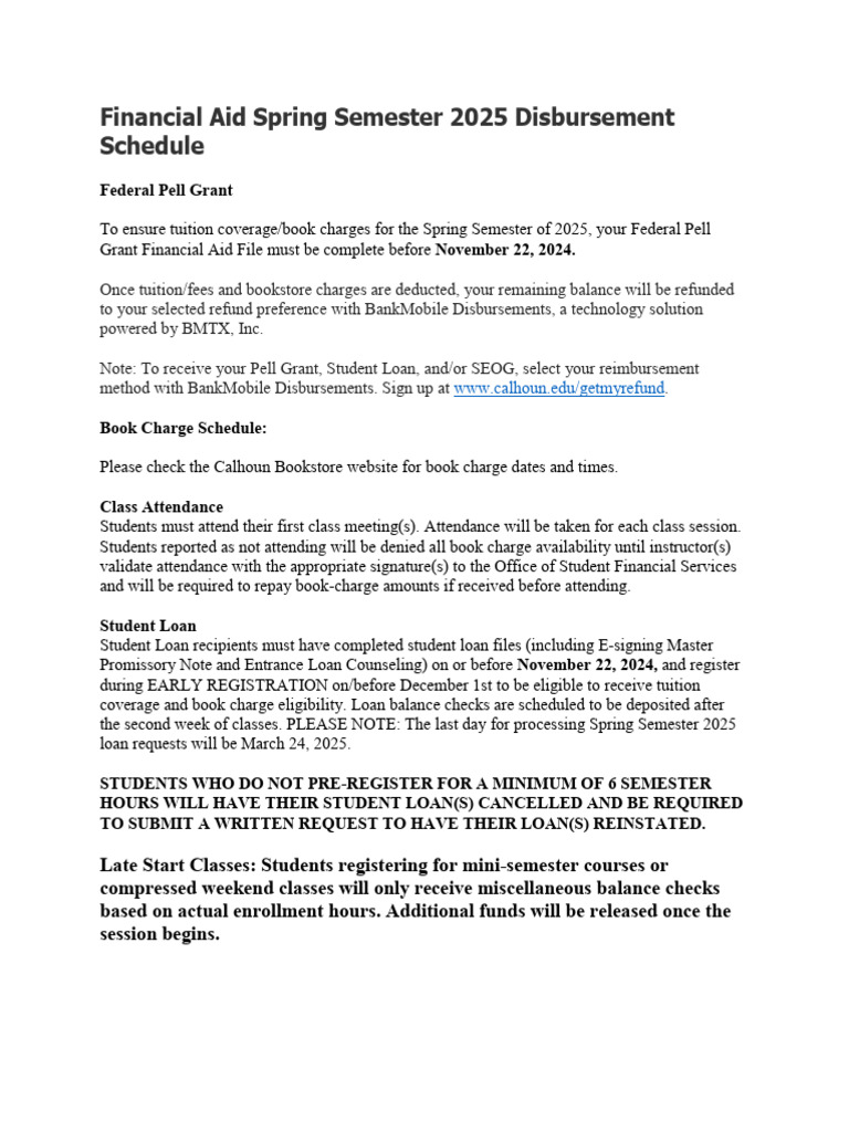 Financial Aid Spring Semester 2025 Disbursement | PDF